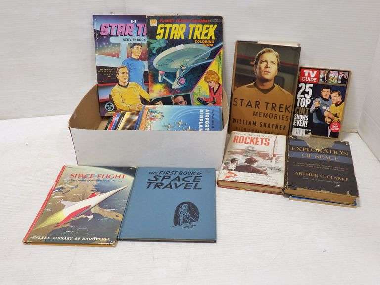 (2) Star Trek coloring books, TV Guide, Star Trek Memories by William Shatner, and misc. space ...
