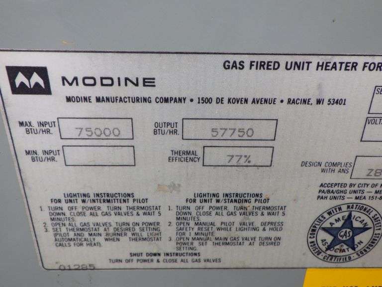 Modine furnace, 75,000 BTU currently set up for propane, 17" x 19" x 29 ...