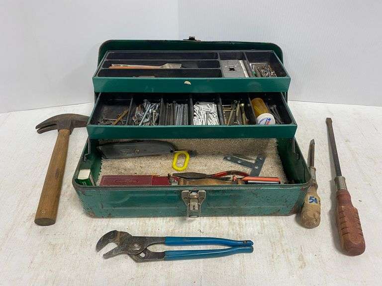 Green tool box with several tools and nails, 14"W x 7"D x 7"H, fair ...