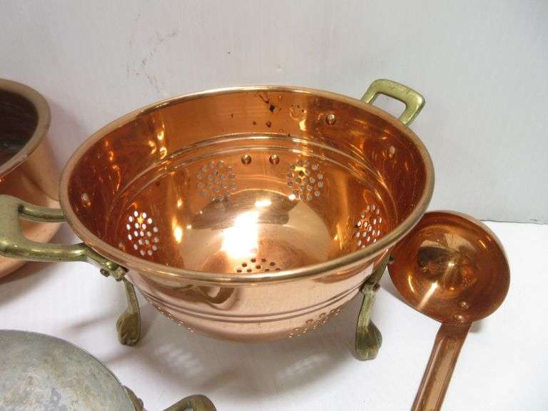 Copper tea kettle with handle, 7 1/4"; Copper kitchen utensils of ...