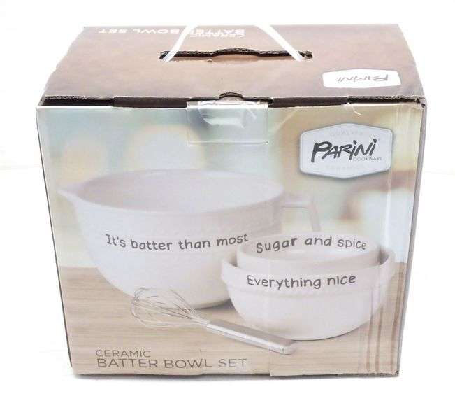 3-Piece Parini cookware ceramic batter bowl set, one with handle, box ...