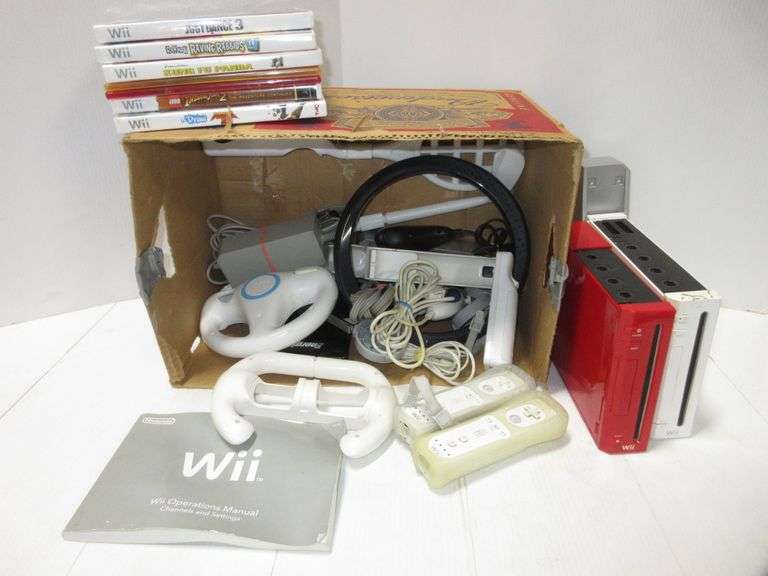 (2) Wii gaming consoles with stands: 1- Red, 1- White, includes ...