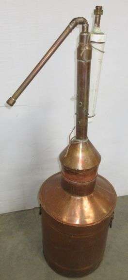 Copper pot with still cap and condenser, 12"Dia x 40"H, needs cleaned ...