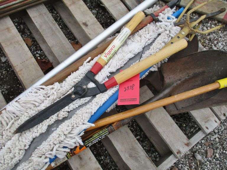 Various items, includes: Flag pole, Broom, Push broom, (4) Shovels ...