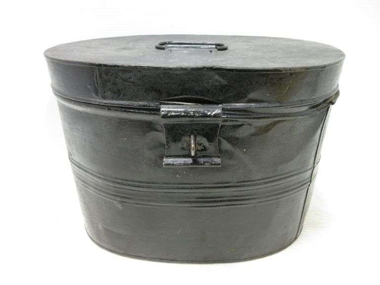 Antique metal band box storage container, hinged lid, metal latch and ...