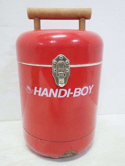 Collectible old handi-boy metal cooler, 10"Dia x 16"H, has paint loss ...