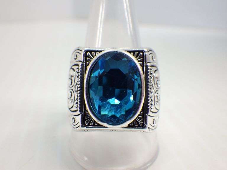 Large blue stone ring with heavy scrollwork, wide band, size 11, Except ...