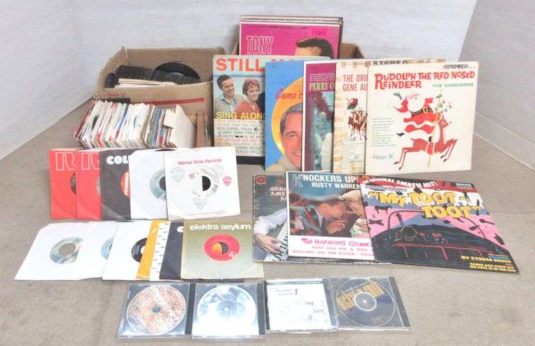 Two Boxes with (300) 45 RPM records, (25) 33 1/2 RPM vinyl records, and ...
