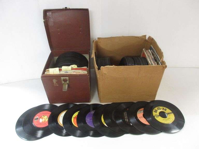 Case and box of old 45 RPM records, case- 8" x 8" x 8"H, various ...