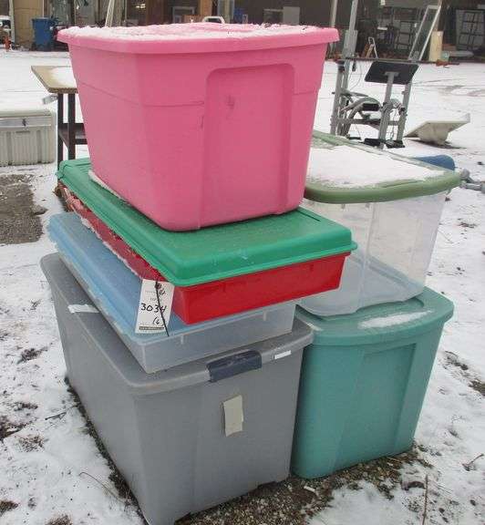 (6) Large storage totes, up to 35"W x 19"D x 19"H, used, pink one has a ...