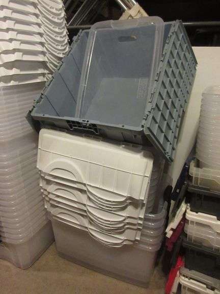 Large variety of totes, (19) have folding lids, up to 23"W x 20"D x 12 ...
