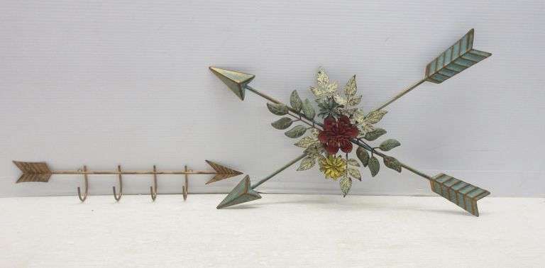 16" Older brass gold wall hook arrow bar with four hooks; Boho rustic ...