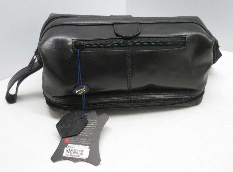 Mens Ameri leather black genuine zip up travel toiletry bag, 12"W, NWT - Albrecht Auction Service