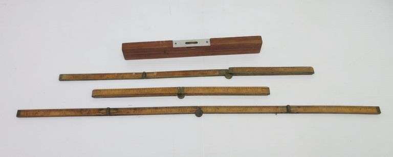 (3) Older fold-out measuring sticks, and olden wooden level, 9 3/4"L ...