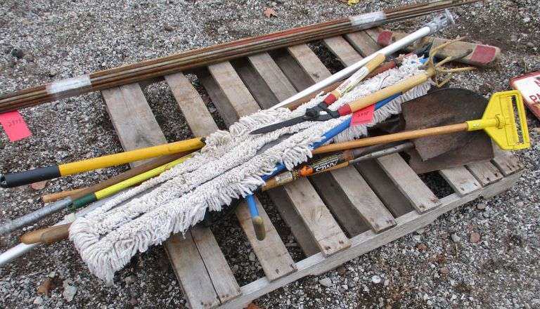 Various items, includes: Flag pole, Broom, Push broom, (4) Shovels ...
