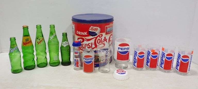 Pepsi, Squirt, and Sprite collectibles, includes: Tin, (6) Retro ...
