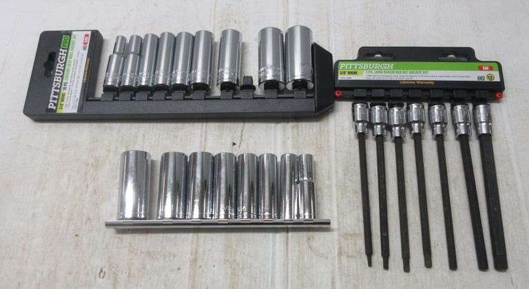 (3) Socket sets, includes: Two- SAE Deep well sets, 3/8 drive; One- 7 ...