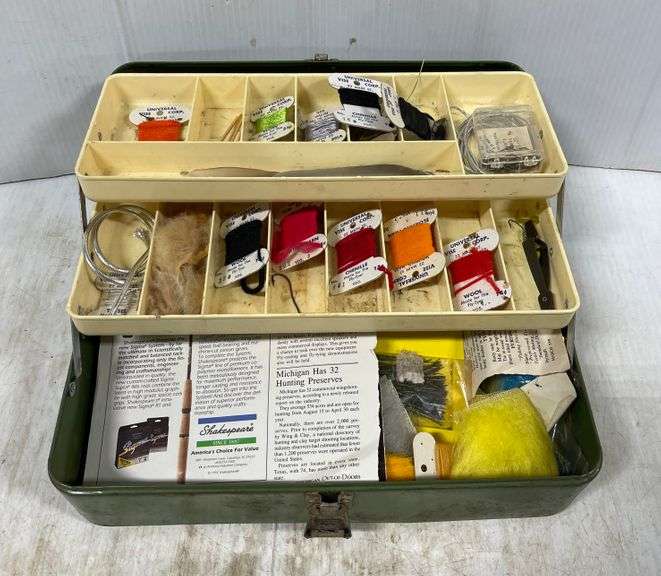 Old Victor tackle box filled with old fly fishing accessories, 13"W x 7 ...