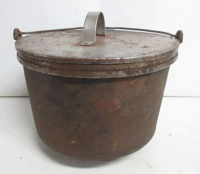 Antique bean pot, cast iron with hand formed metal lid and heavyweight ...