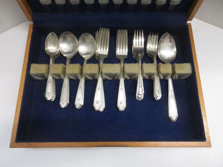 Monarch plated silverware set with box, missing two knives, box- 15"W x ...