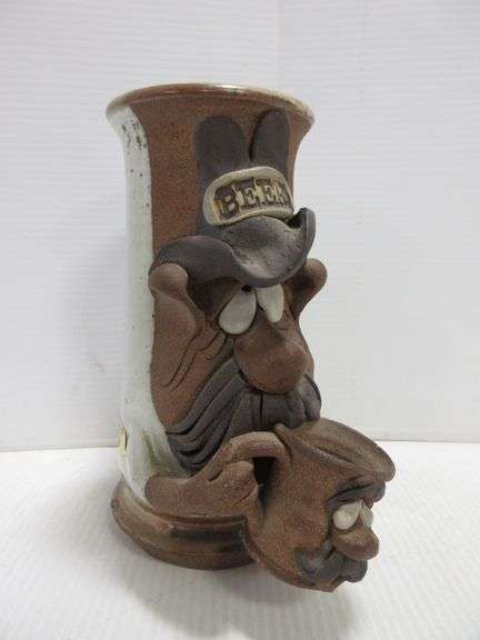 1980 Mahon Made Pottery Stoneware 3D Mustache Man with Beer Hat ...