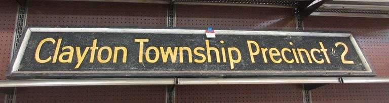 Antique "Clayton Township Precinct 2" smaltz sign, gold paint lettering ...