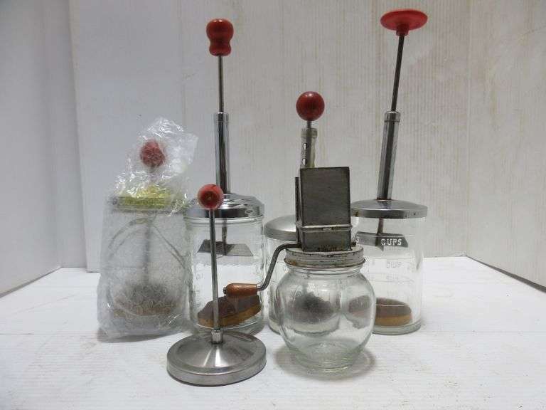(5) Older Glass Nut Meat Choppers/Grinders with Red Handles and an ...