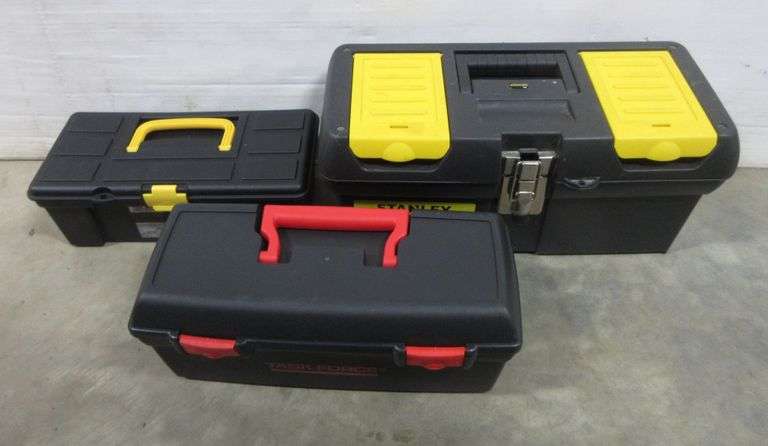 (3) Plastic tool boxes: 1- Task force tool box, 1- Tool bench tool box ...