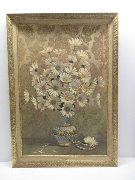 Large older print titled daisies and damask by stemkowski, 29”W x 41”H ...