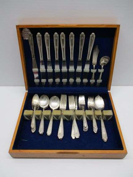 (47) Pieces of silver plated silverware with wood case: 39- Monarch ...