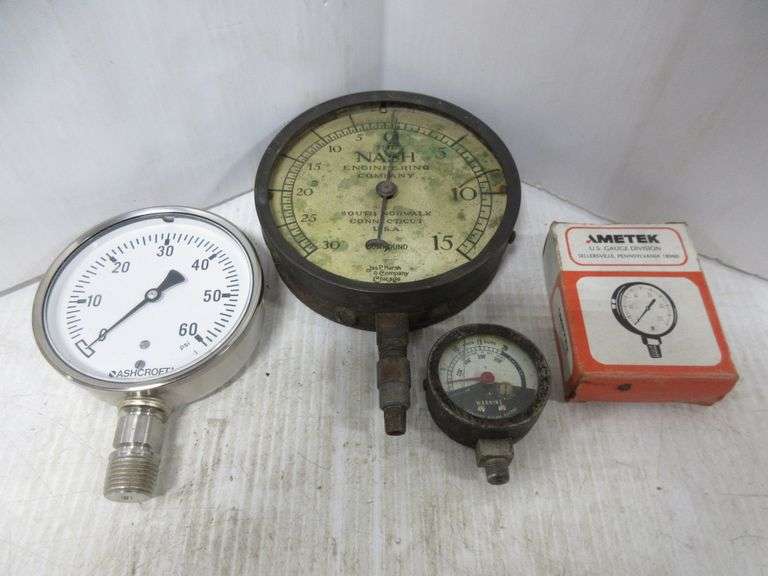 (4) Pressure gauges, includes: 1- Antique by Jas. P. Marsh company in Chicago-the Nash ...
