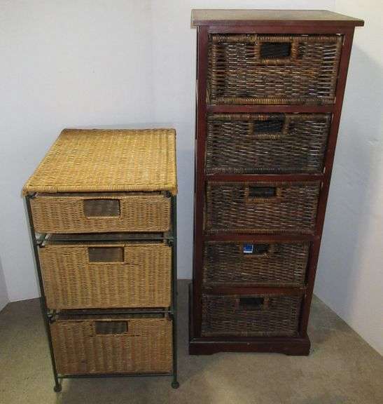 Wood Storage Unit with Wicker Baskets and Metal Storage Unit with ...