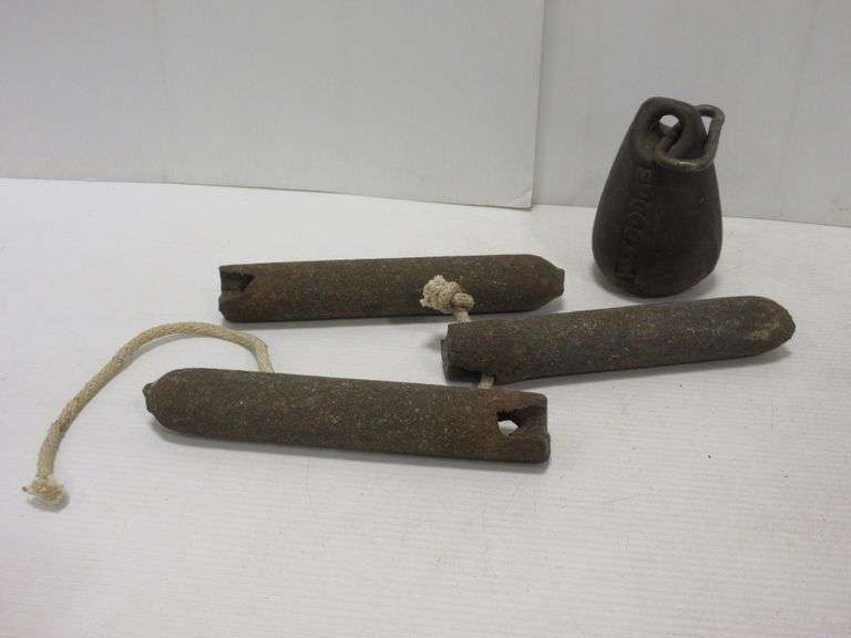 (3) Antique cast iron window weights, and an antique cast iron pear ...