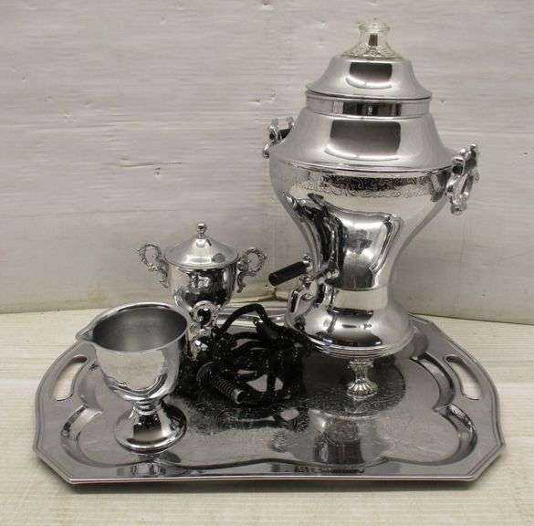 LaBelle Silver Co. electric percolator coffee pot, 14"H; Creamer and sugar; Serving tray, 18"W x ...
