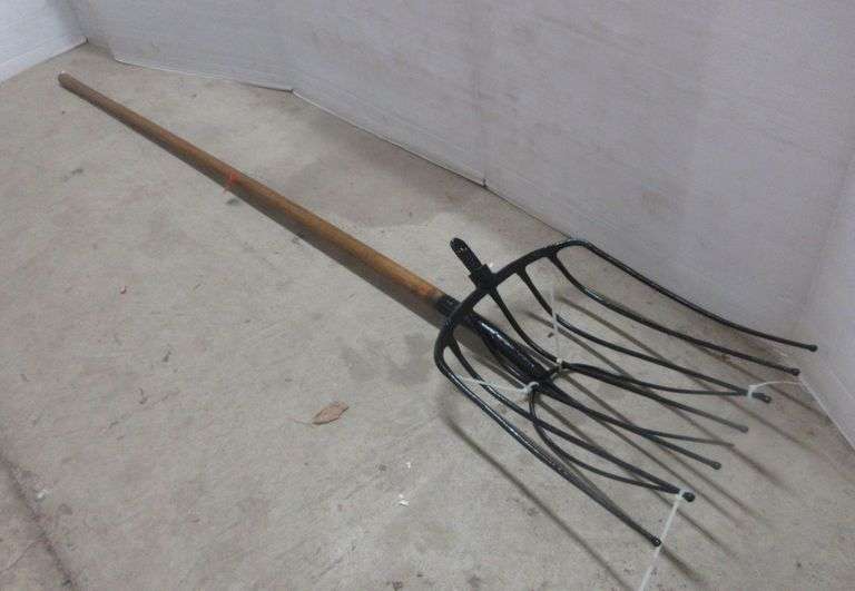 Three-tine pitch fork, very nice; Seven-tine beet or coal fork, painted ...