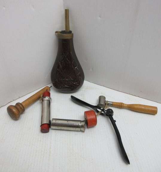 Black gun powder flask, brass/copper older shotgun shell loading tools ...