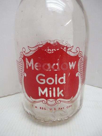Pair of Meadow gold milk bottles, square quart with cream top, ½-gallon ...