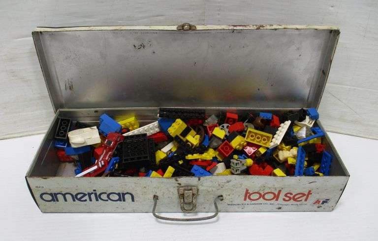 Mid-century metal American Tool Set box filled with Legos, 14"W x 5 1/8 ...