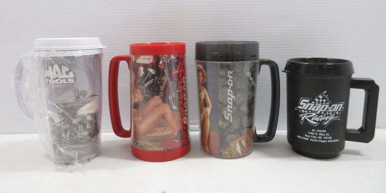 (4) Plastic mugs, Snap On and Mac Tools, 2- with women, red one has a ...