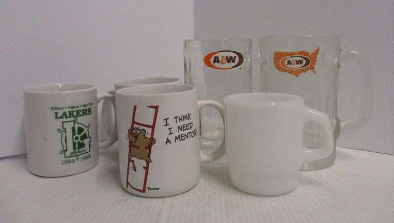 (2) A&W mugs, and (4) Coffee mugs, up to 5 ½”H - Albrecht Auction Service