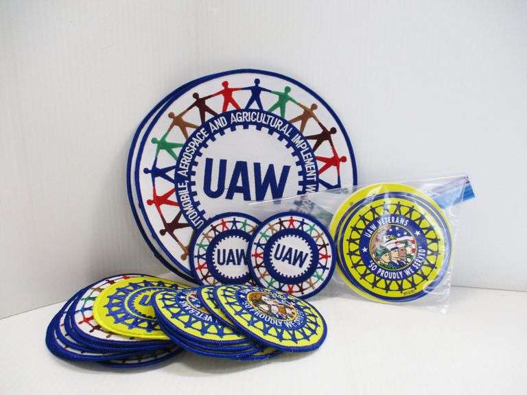 (2) UAW multi-color cloth patches, 7 3/4"W; (5) UAW multi-color cloth ...