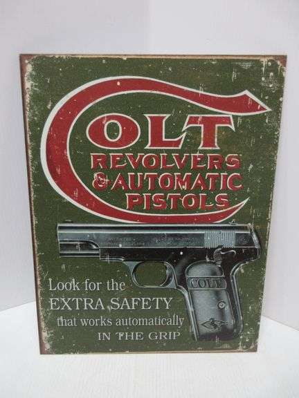 Modern tin sign, "Colt Revolvers and Automatic Pistols", US made, 12 1/ ...