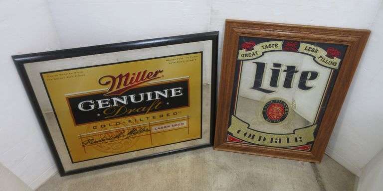 (2) Miller mirror bar signs: 1- Miller genuine draft 2005, 32"W x 26"H ...