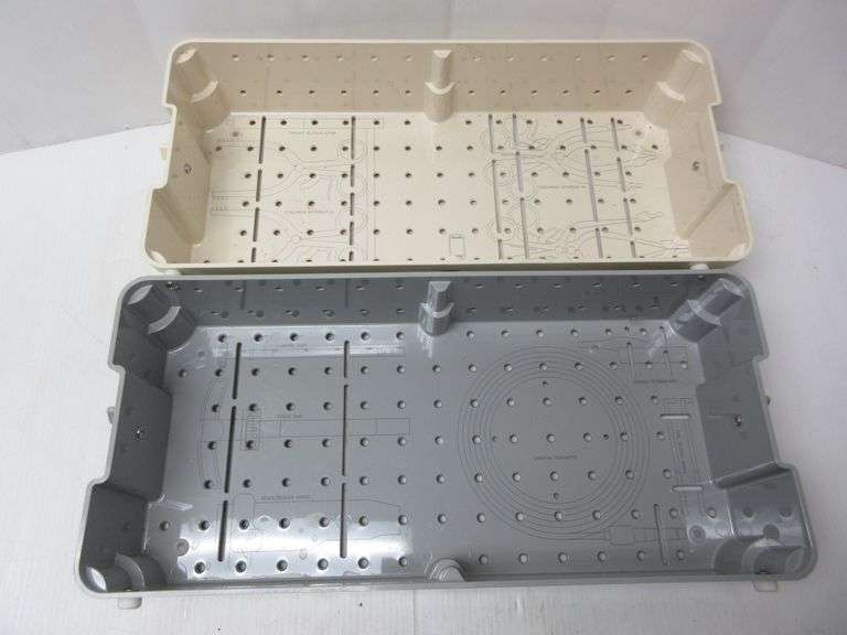 (2) Plastic containers with holes, 10”W x 21”D x 5”H, locking lid, no ...