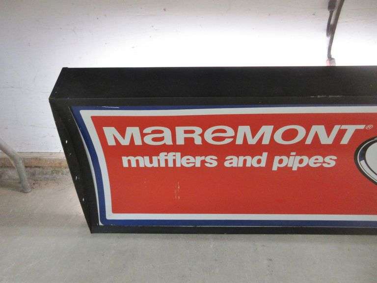 Maremont Mufflers Sign, 49”W x 19”H, has wear, works - Albrecht Auction ...