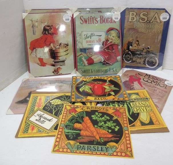 (8) Nostalgic metal posters, still in plastic wraps; (4) Aspelin Art ...
