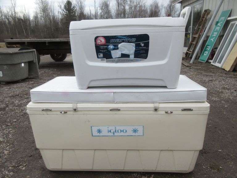 (2) Coolers: 1- Large Igloo cooler with attached pad, 41"L, top needs ...