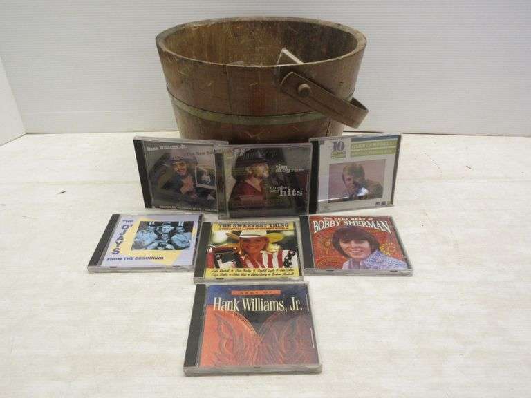 Older wood bucket full of CDs, bucket- 13"W x 9 1/2"H, all work ...