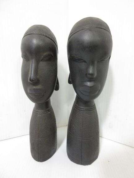 (2) Hand carved ebony wood African Art statues from Kenya, 10"H figures ...