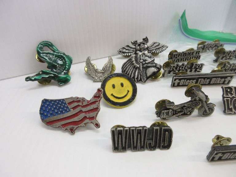 (32) Metal biker vest pins, each one has a different statement, some ...